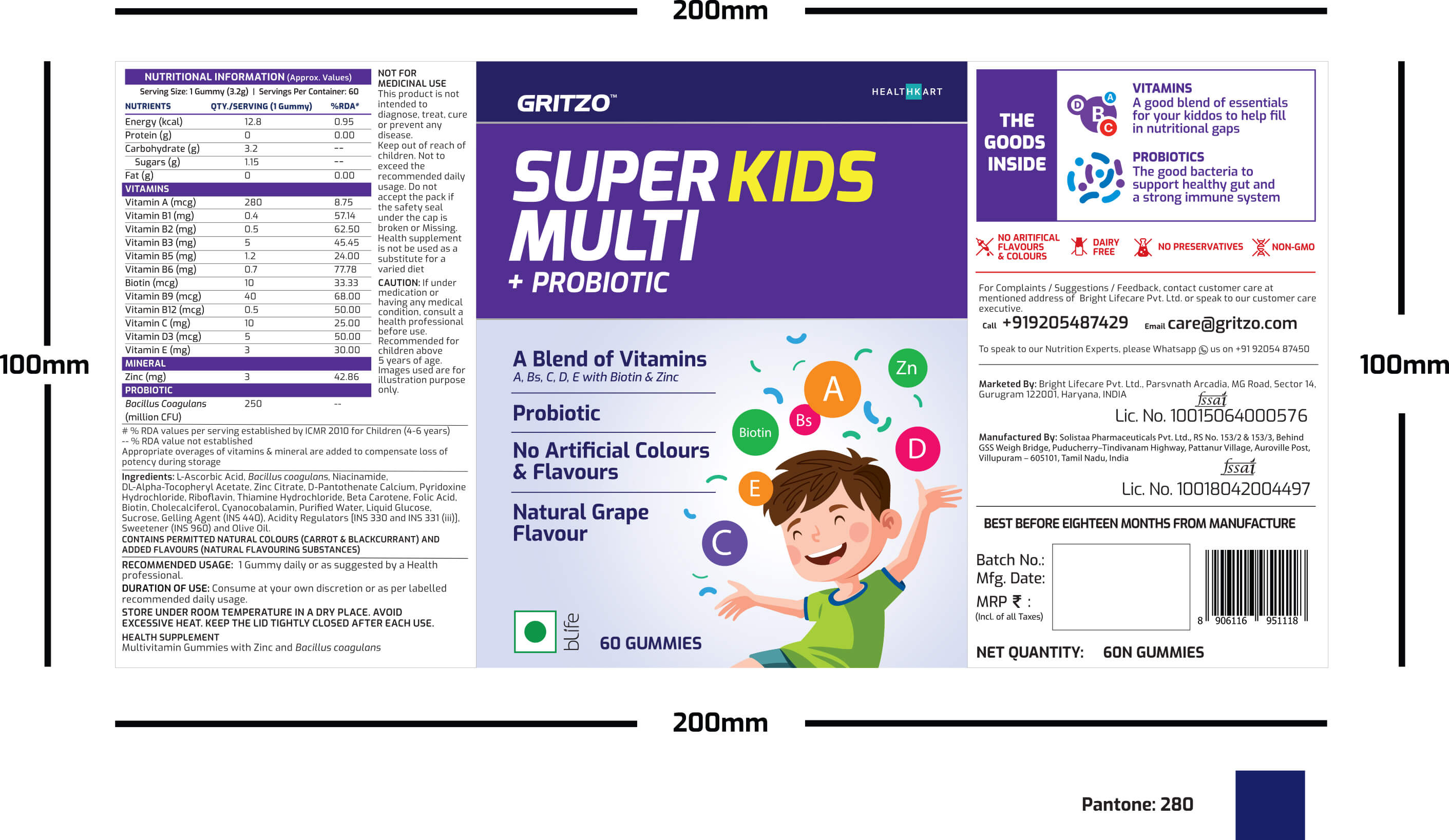 Gritzo Super Multivitamin + Probiotics Gummies for Kids Non-GMO ...