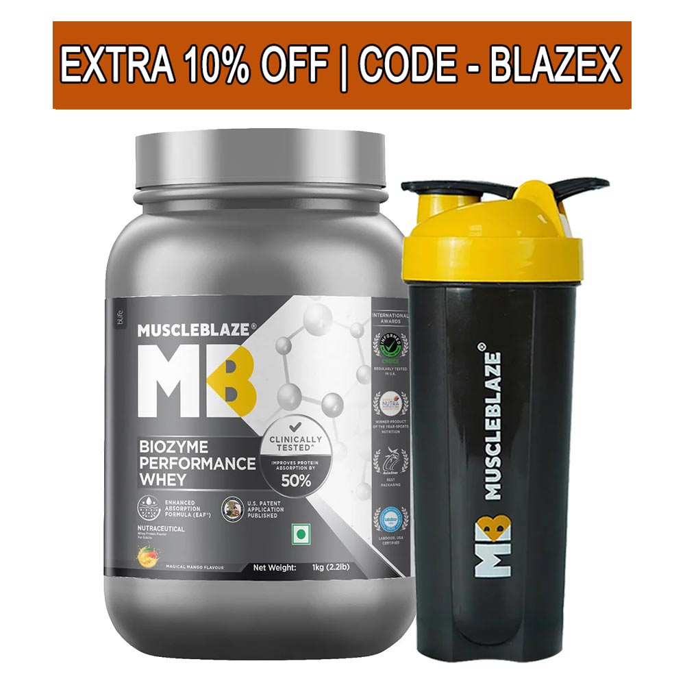 MuscleBlaze Biozyme Performance Whey 1 kg Magical Mango & High Protein ...